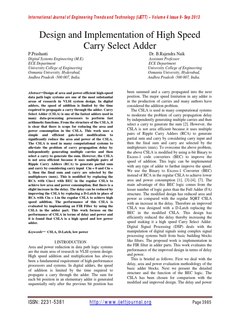 Design and Implementation of High Speed Carry Select Adder | PDF | Electronic Design | Computing
