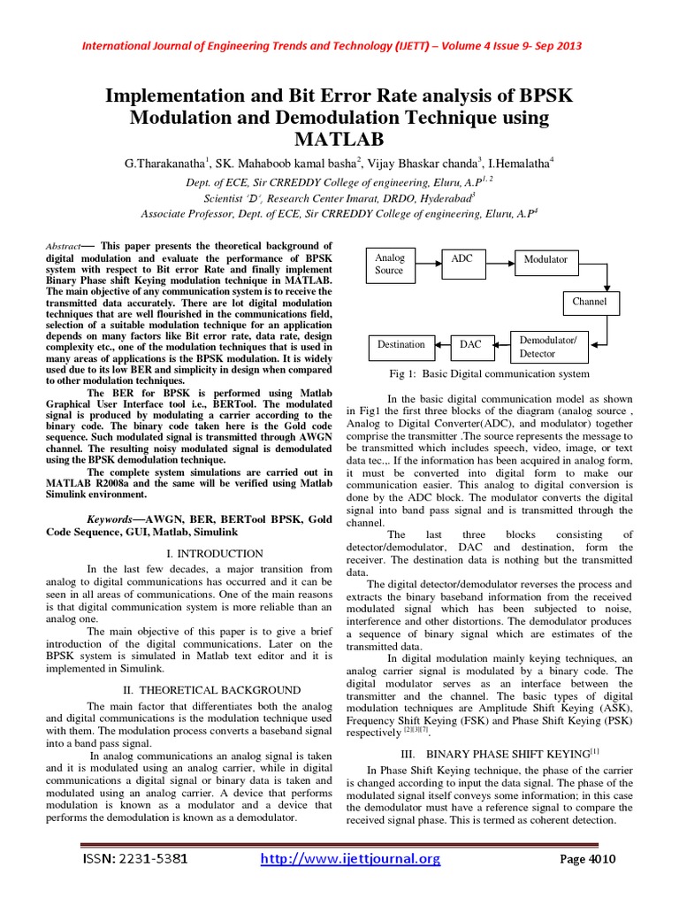 Implementation And Bit Error Rate Analysis Of Bpsk Modulation And Demodulation Technique Using