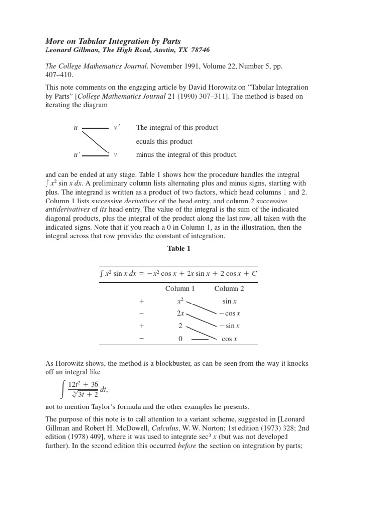More On Tabular Integration by Parts - Leonard Gillman | PDF | Integral | Mathematical Objects