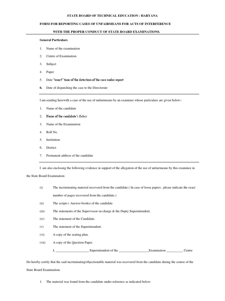 State Board Technical Education Unfair Means Report Form | PDF | Violence