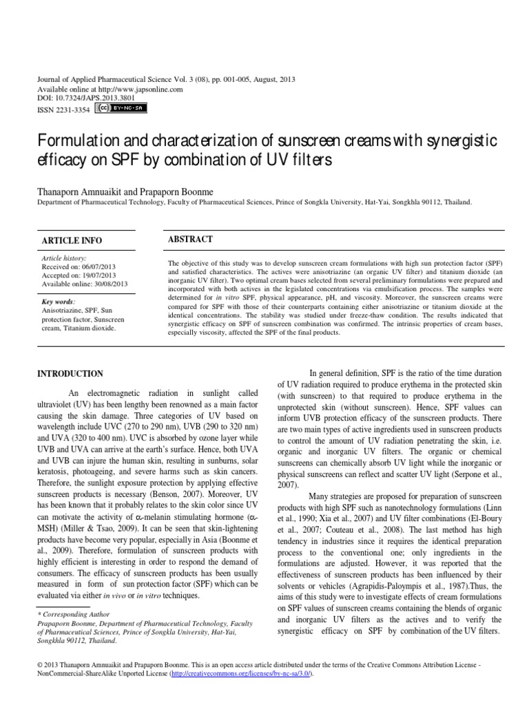 Formulation and Characterization of Sunscreen Creams With Synergistic ...