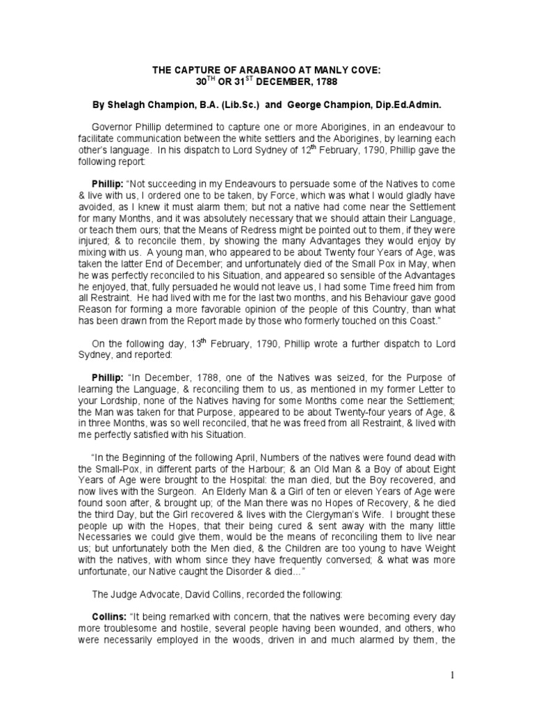 Capture of Arabanoo at Manly Cove | PDF | New South Wales