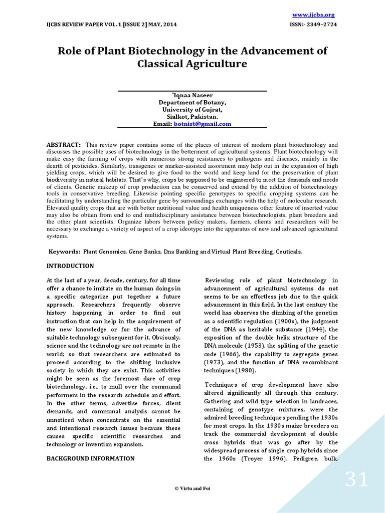 Role of Plant Biotechnology in The Advancement of Classical Agriculture ...