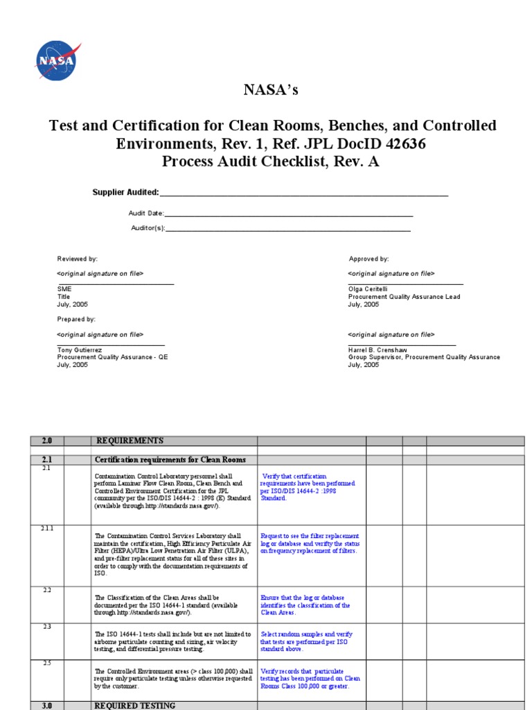 NASA Clean Room Checklist | PDF | Business | Science