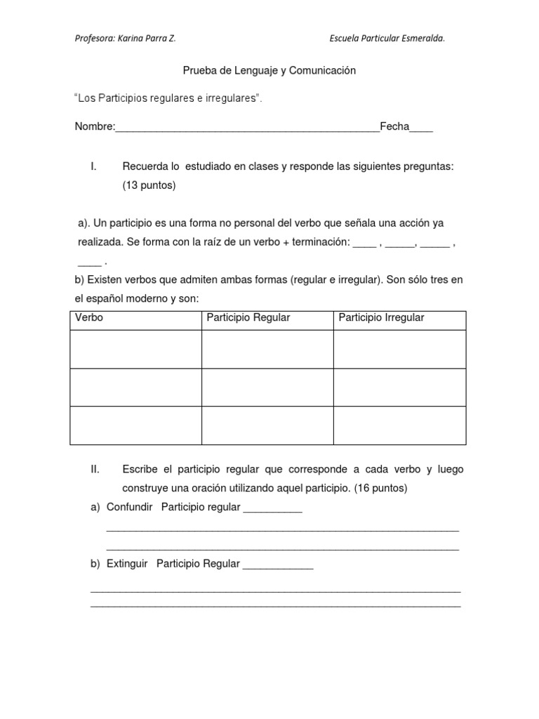 Prueba Participios Regulares y Irregulares | PDF | Crecimiento personal ...