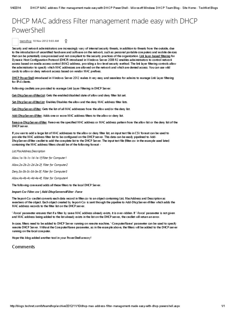 DHCP MAC Address Filter Management Made Easy With DHCP PowerShell - Microsoft Windows DHCP Team ...