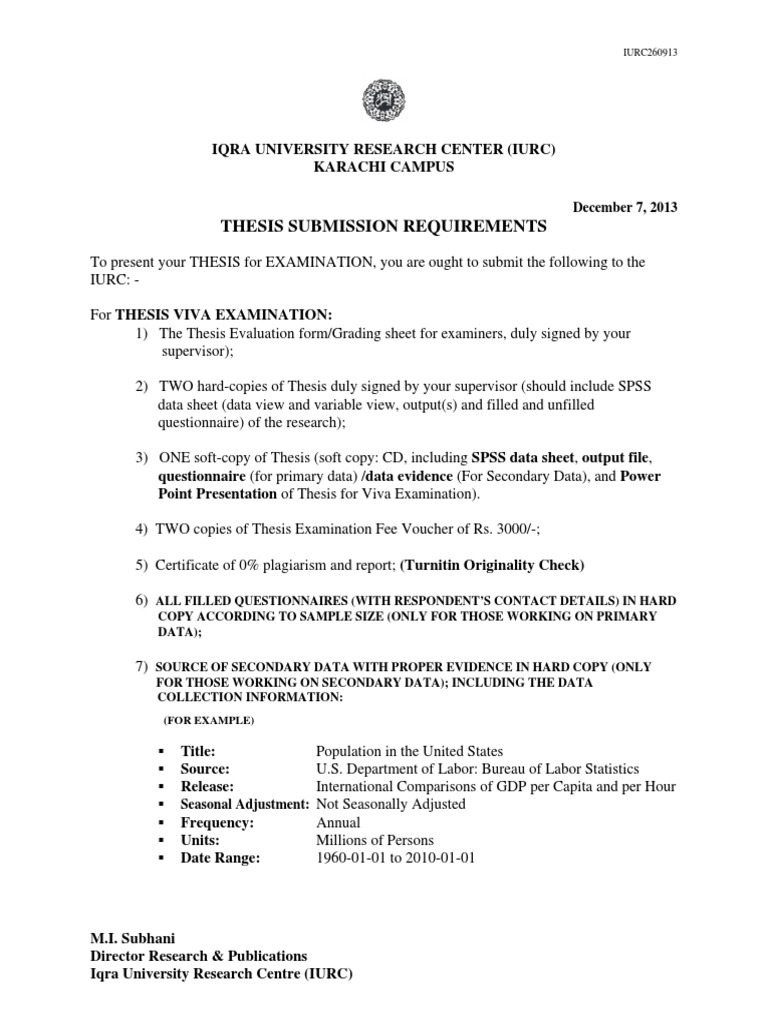 Thesis Submission Guidelines at Iqra University | PDF
