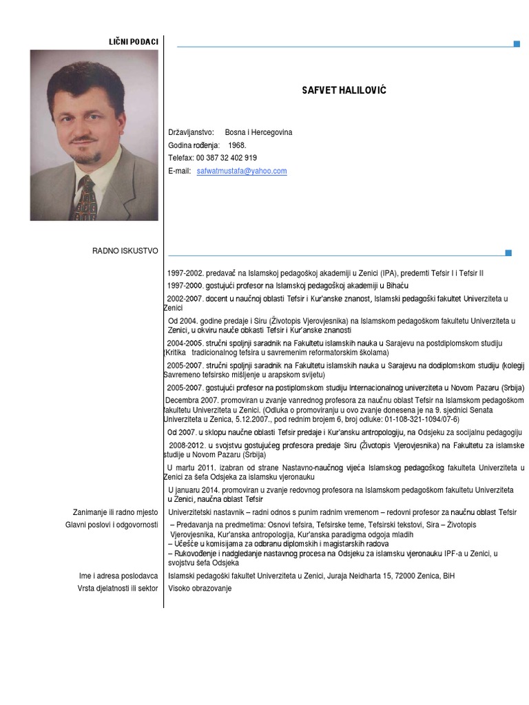 CV Safvet Halilovic Bosanski | PDF