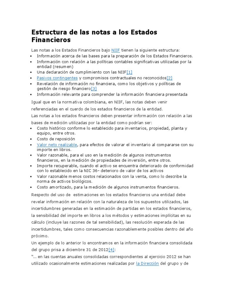 Estructura De Las Notas A Los Estados Financieros Pdf Normas