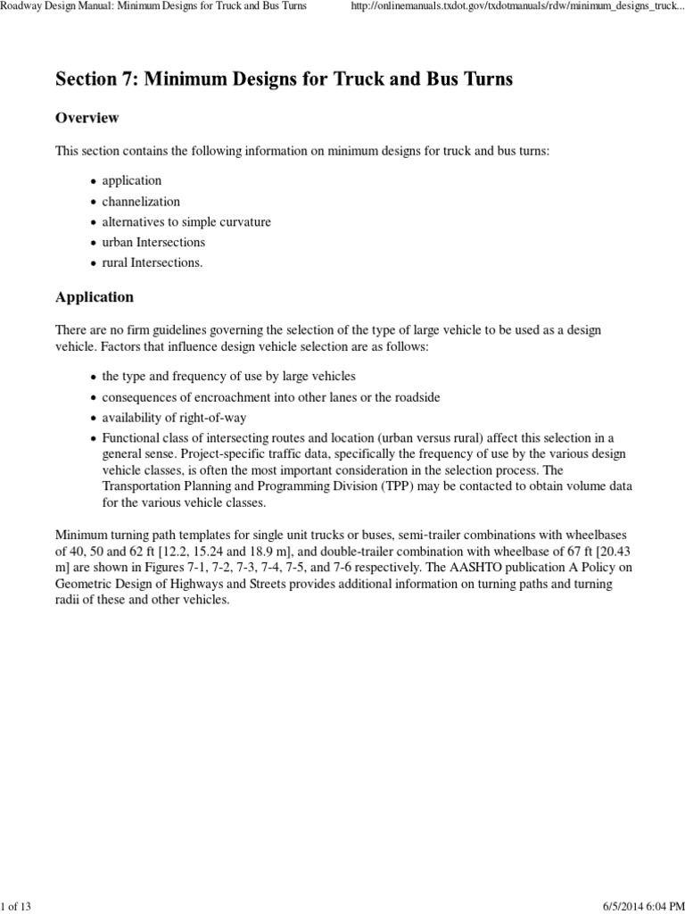 Roadway Design Manual - Minimum Designs For Truck and Bus Turns | PDF ...
