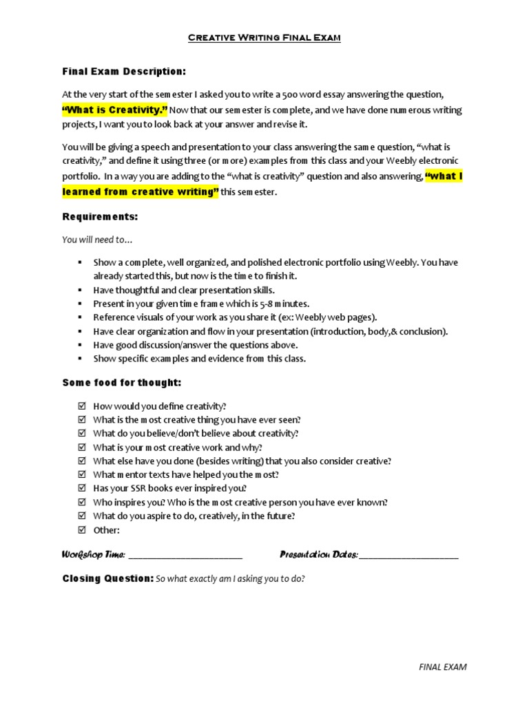 Creative Writing Exam: Defining Creativity | PDF | Test (Assessment ...
