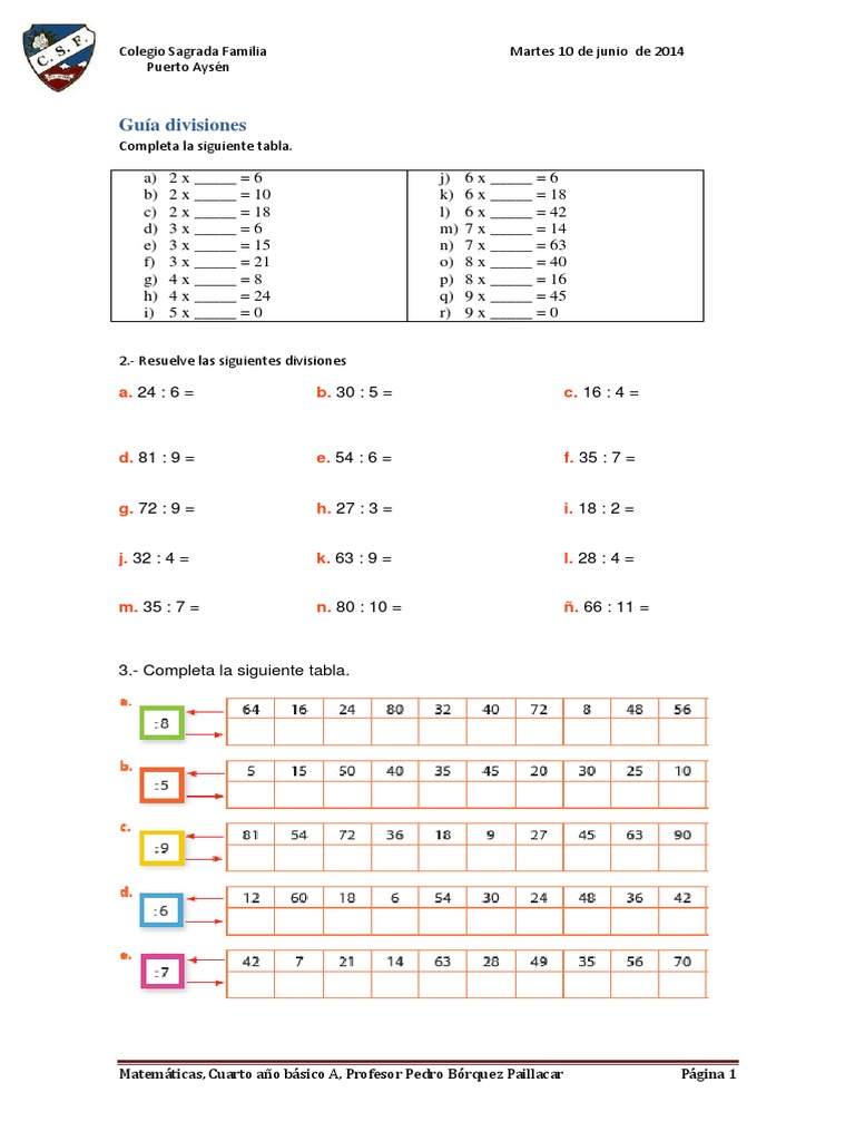 Matematica Cuarto 06102014 Guia Divisiones | PDF