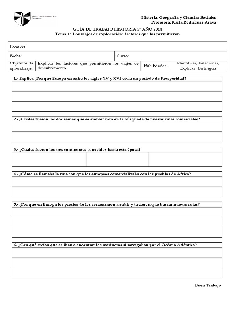 05 Guía de Aprendizaje Quinto Unidad 2 Tema 1 Los Viajes de Exploración ...