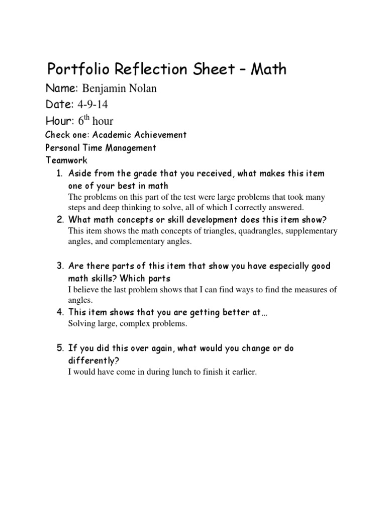 Math Portfolio Reflection by Benjamin Nolan | PDF | Career & Growth ...