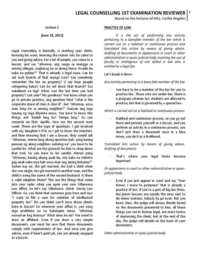 Legal Counseling - First Exam Reviewer | PDF | Practice Of Law | Lawyer