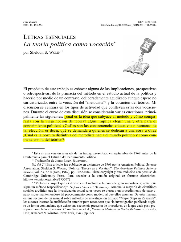 La Teoría Politica Como Vocación Sheldon Wolin | PDF | Teoría | Science