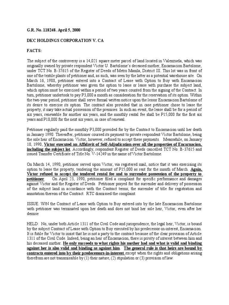 DKC Holdings Corp v. CA Digest | PDF | Lease | Lawyer