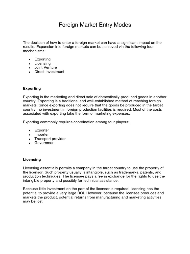 4 Foreign Market Entry Modes: Exporting, Licensing, JVs & FDI | PDF ...