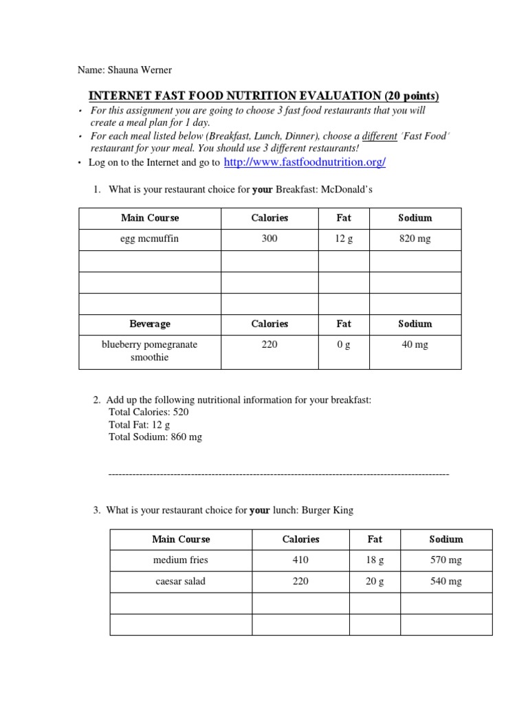 Fast Food Nutrition Evaluation Assignment | PDF | Cooking, Food & Wine ...