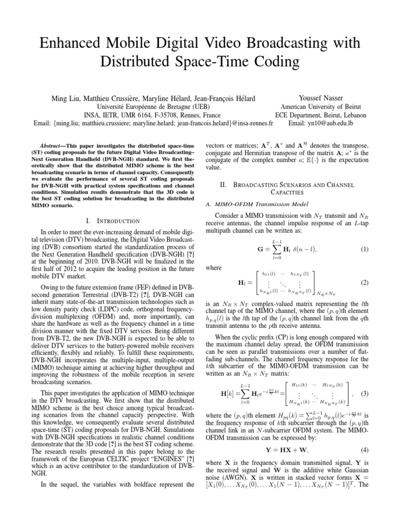 Enhanced Mobile Digital Video Broadcasting With Distributed Space-Time Coding | PDF | Mimo ...