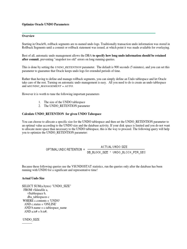 Optimize Undo Tablespace Pdf Oracle Database Parameter Computer Programming
