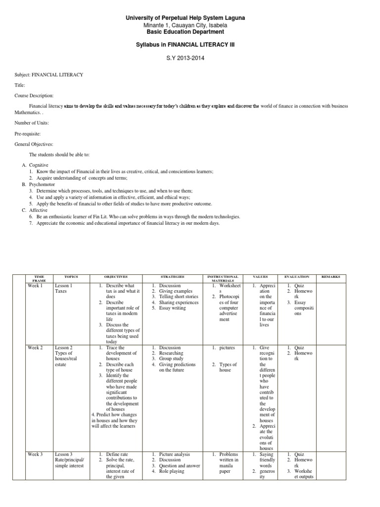 Syllabus in FIN LIT Sy2013-2014 | PDF | Literacy | Financial Literacy