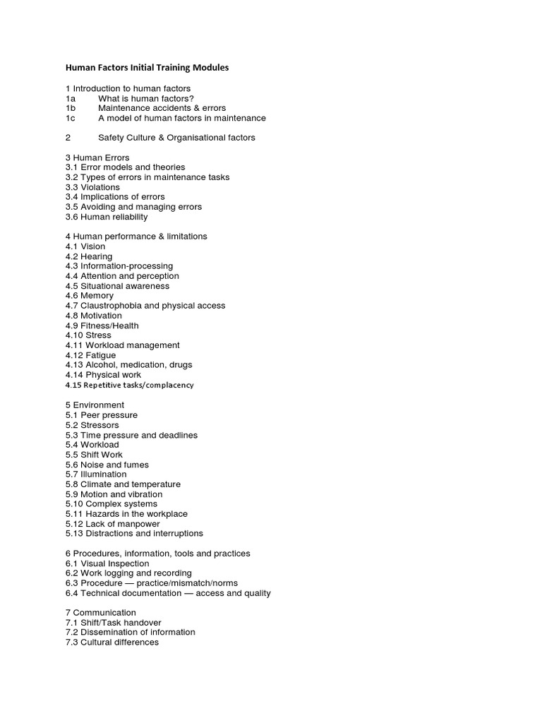 Human Factors Initial Training Syllabus | PDF | Shift Work | Perception
