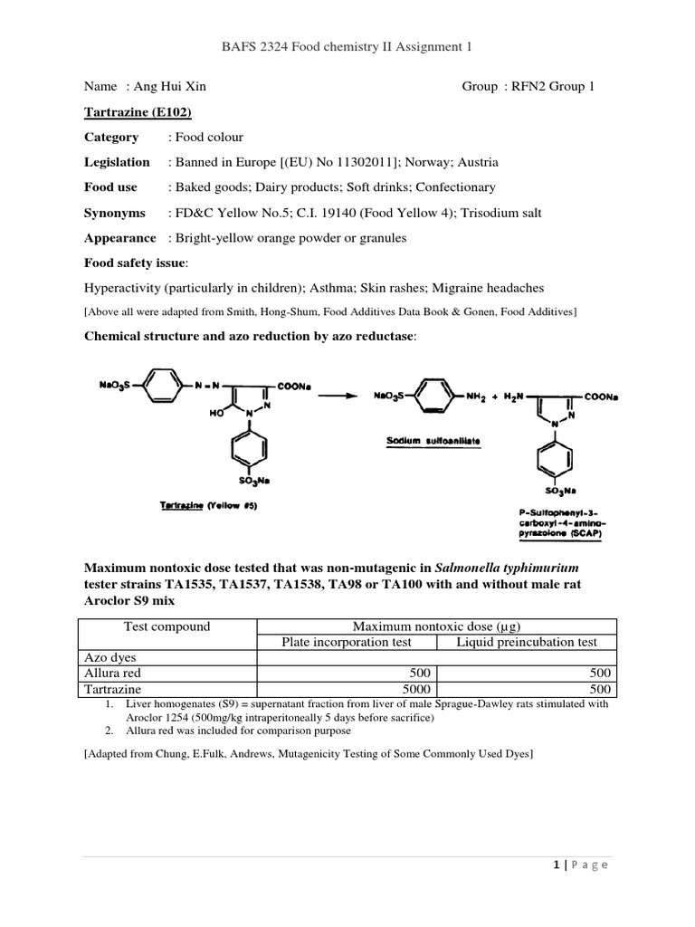 Tartrazine (E102) Allura Red (E129) Erythrosine (E127) Summary | PDF ...