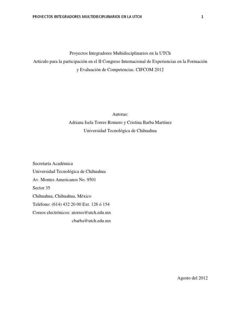 Proyectos Integradores Multidisciplinarios en La Utch A. Torres C ...