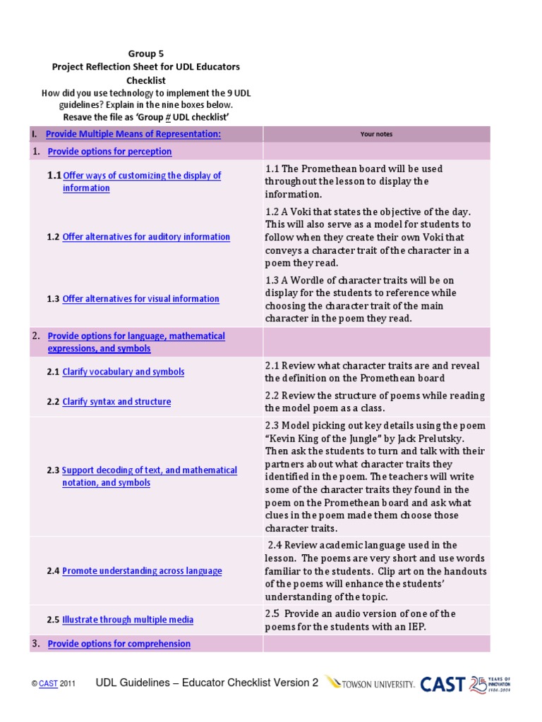 Group 5 UDL Checklist | PDF | Educational Assessment | Reading ...