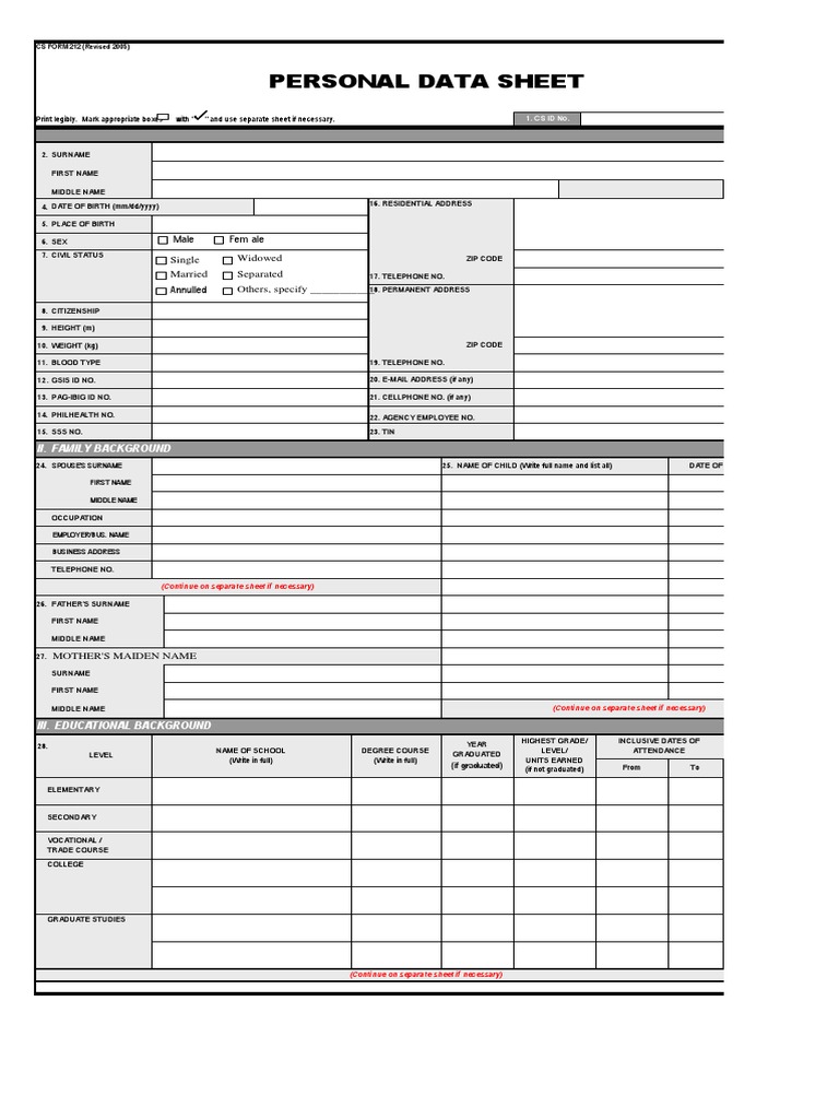 CSC Form 212.. Pds | Government | Social Institutions