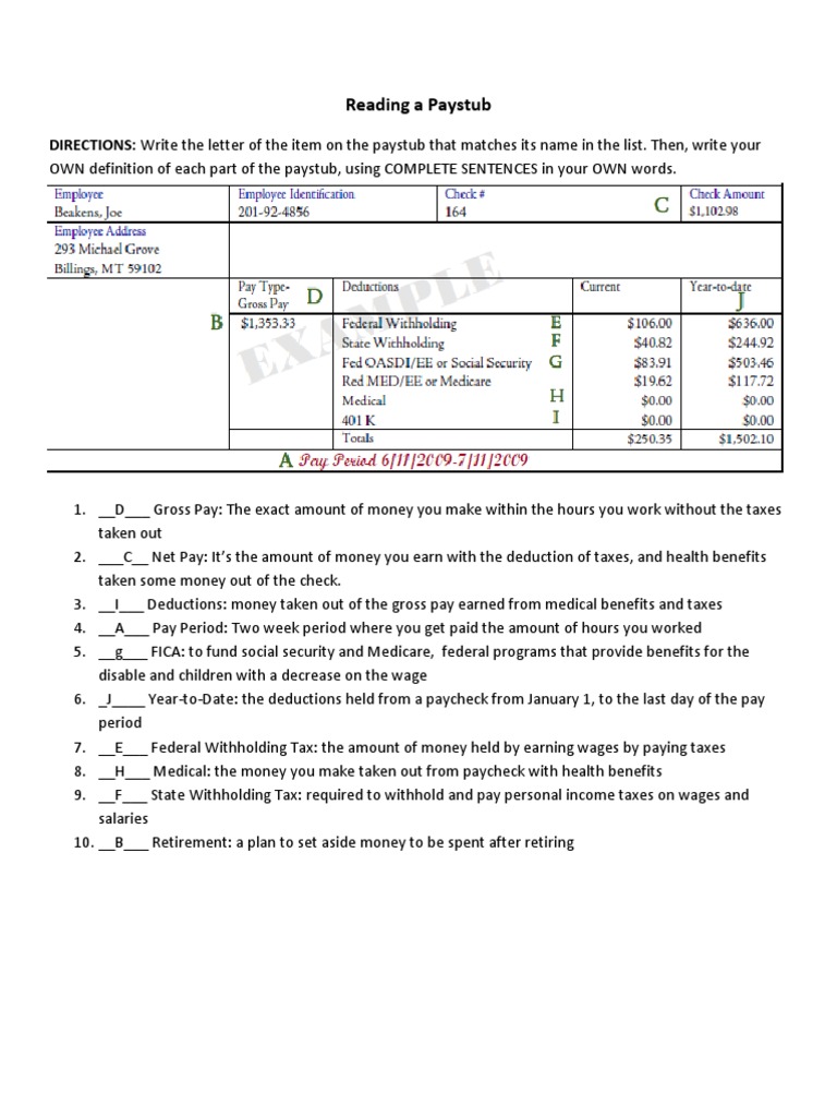 Paystub Reading Worksheet Guide | PDF | Finance & Money Management ...