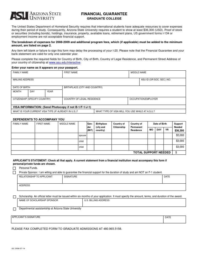 ASU Financial Guarantee for International Students | PDF | Business