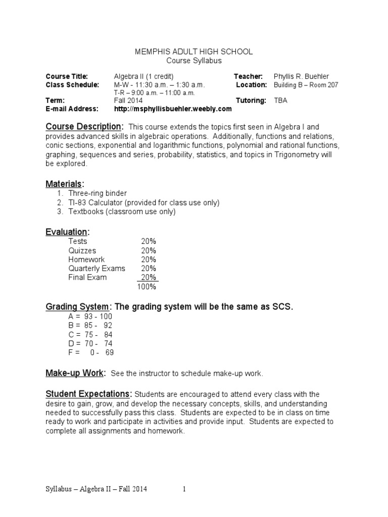 Algebra II Course Syllabus - Fall 2014 | PDF | Teaching Methods ...