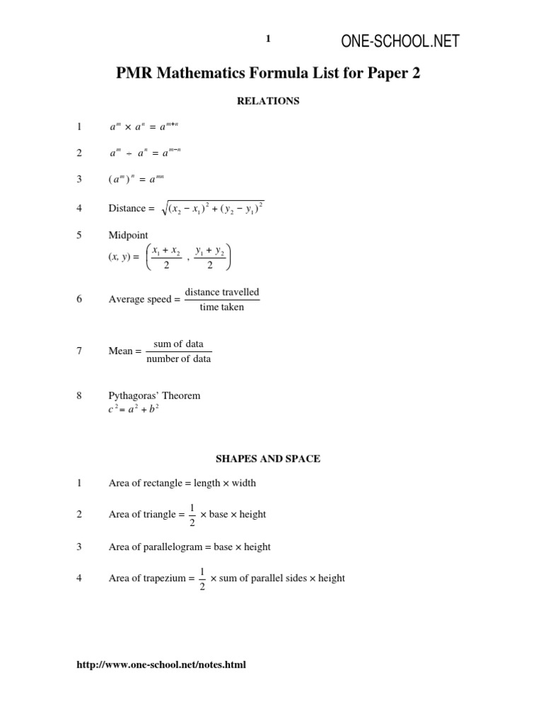 PMR Mathematics Formula List P2 | PDF