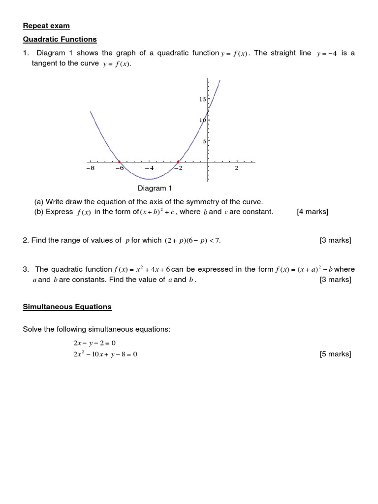 Quadratic Functions Exam Review | PDF