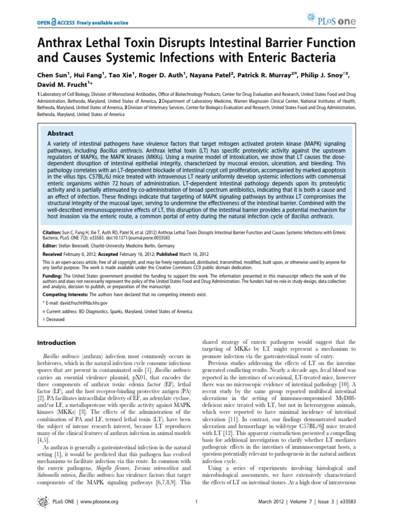 Anthrax Lethal Toxin Disrupts Intestinal Barrier Function and Causes ...