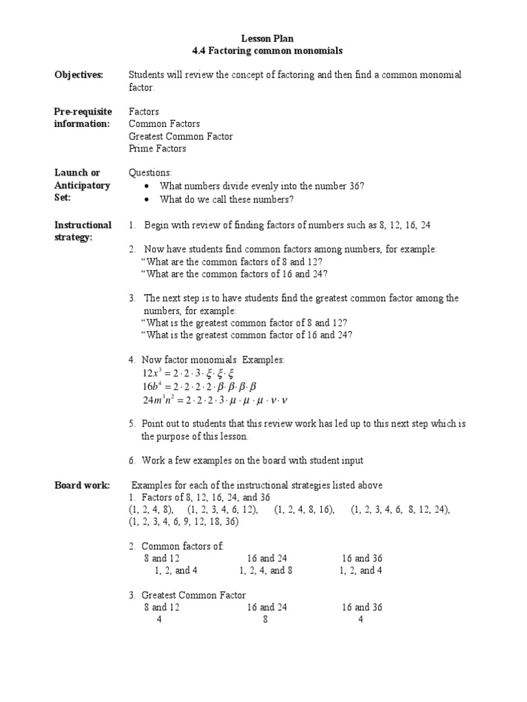 Lesson Plan 4.4 Factoring Common Monomials Objectives | PDF | Multiplication | Factorization