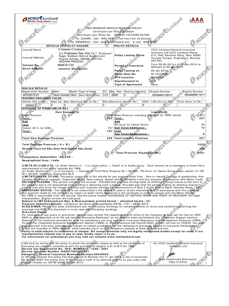 Two Wheeler Vehicle Insurance Policy Certificate for Mr. Prabhakar Rao ...