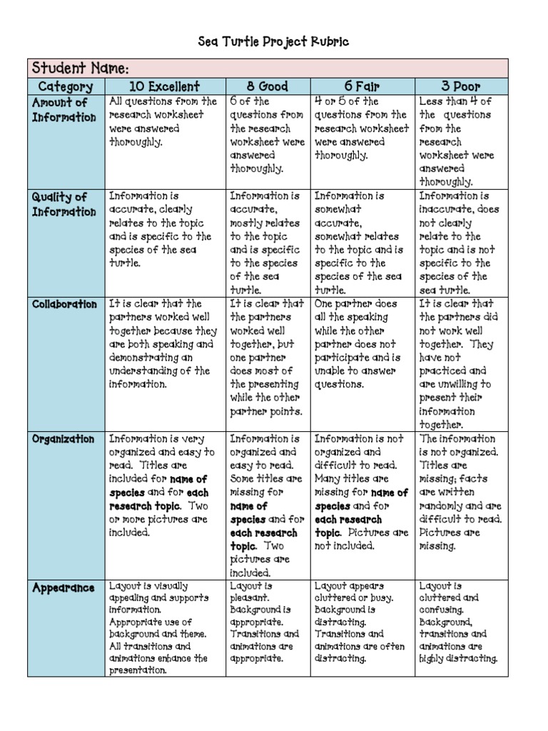 Sea Turtle Project Rubric | PDF | Cognition | Psychological Concepts