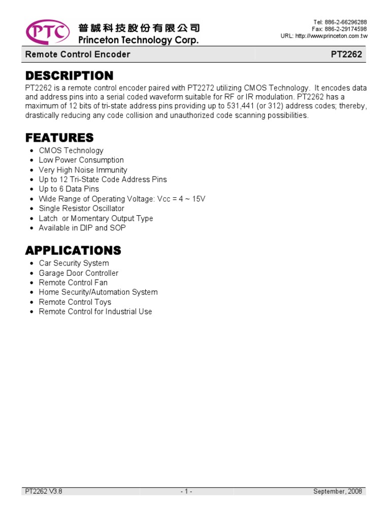 PT2262 Remote Control Encoder Guide | PDF | Remote Control | Electronic ...