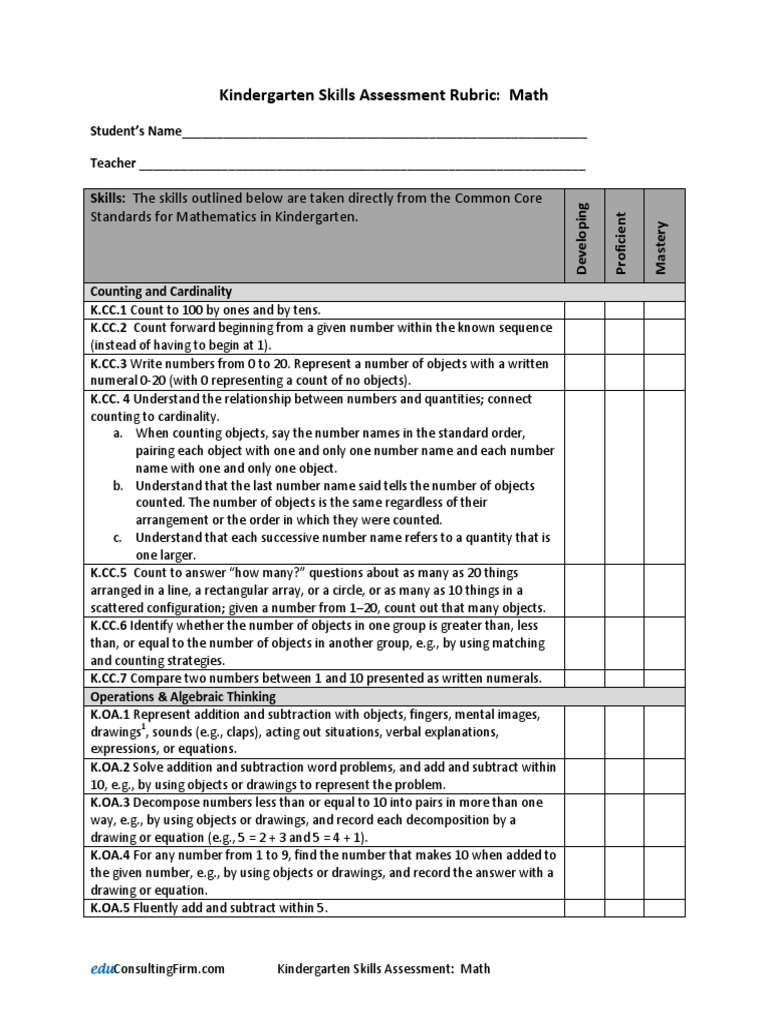 Kindergarten Math Skills Assessment Rubric | PDF | Shape | Common Core ...