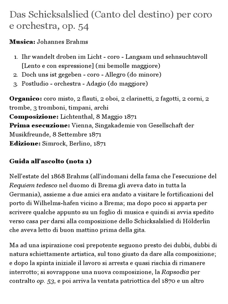 Brahms-Hölderlin - Schicksalslied:Canto Del Destino PDF | PDF