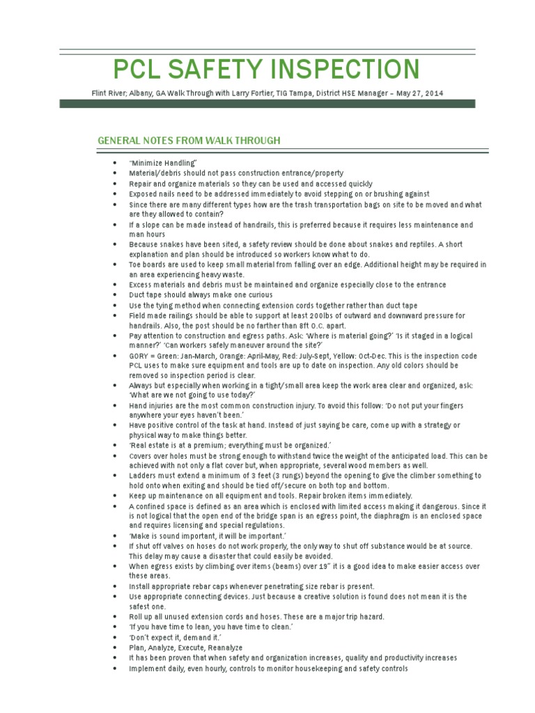 PCL Safety Inspection May Larry | PDF | Nature