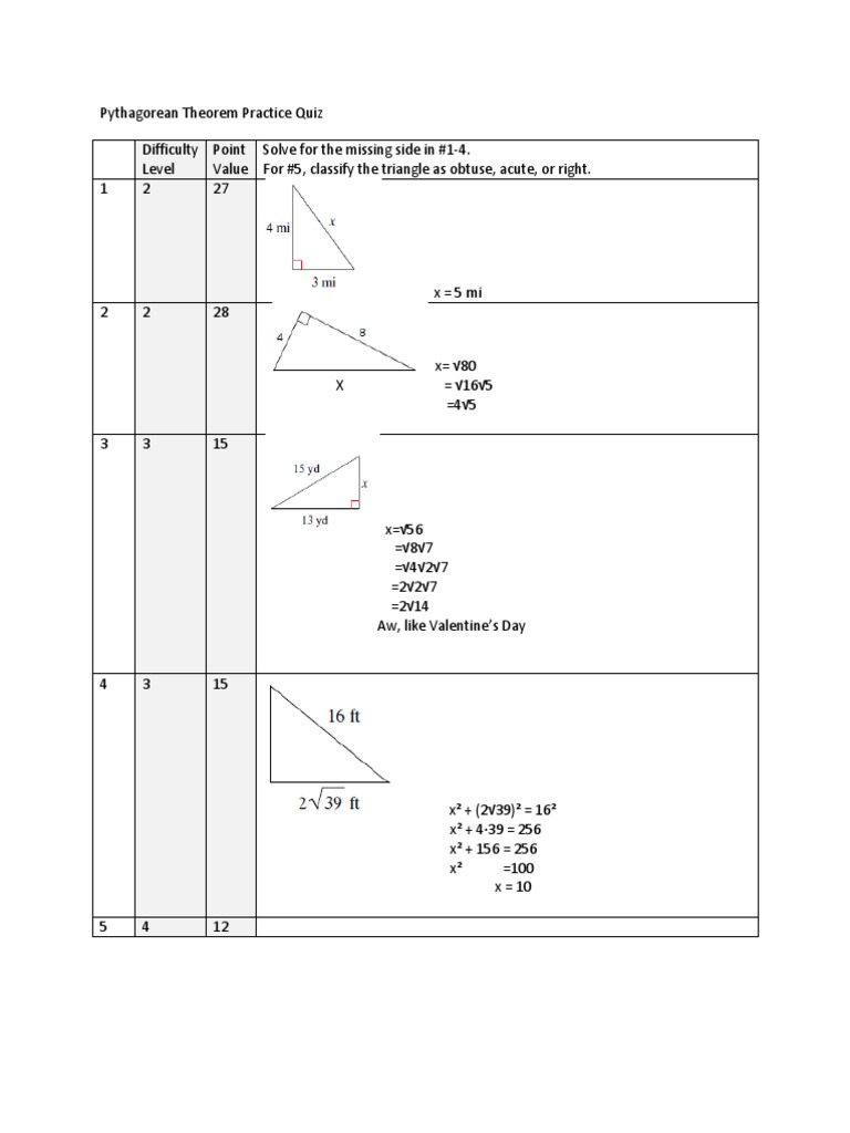 Pythagorean Theorem Practice Quiz Answer Key | PDF | Geometric Shapes ...