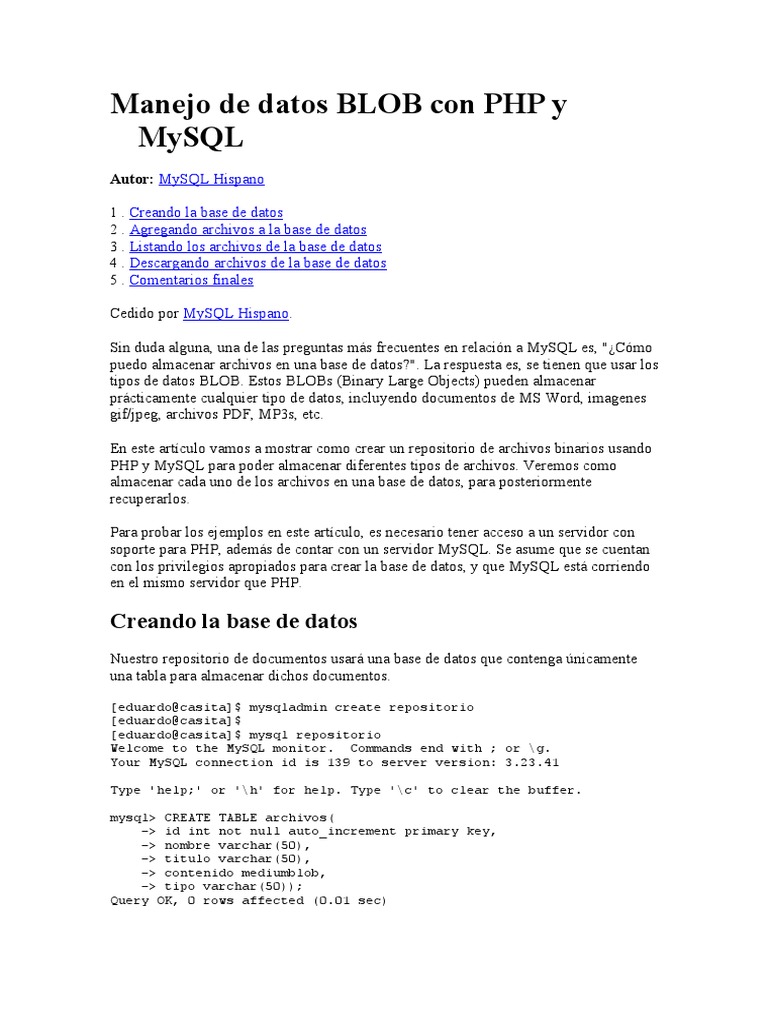Manejo de Datos BLOB Con PHP y MySQL | PDF | Informática | Tecnología