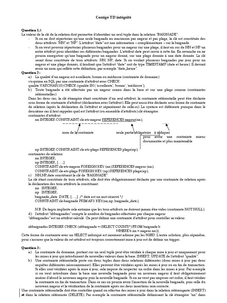 Corrigé TD Intégrité Et Normalisation | PDF | SQL | Domaines de l'informatique
