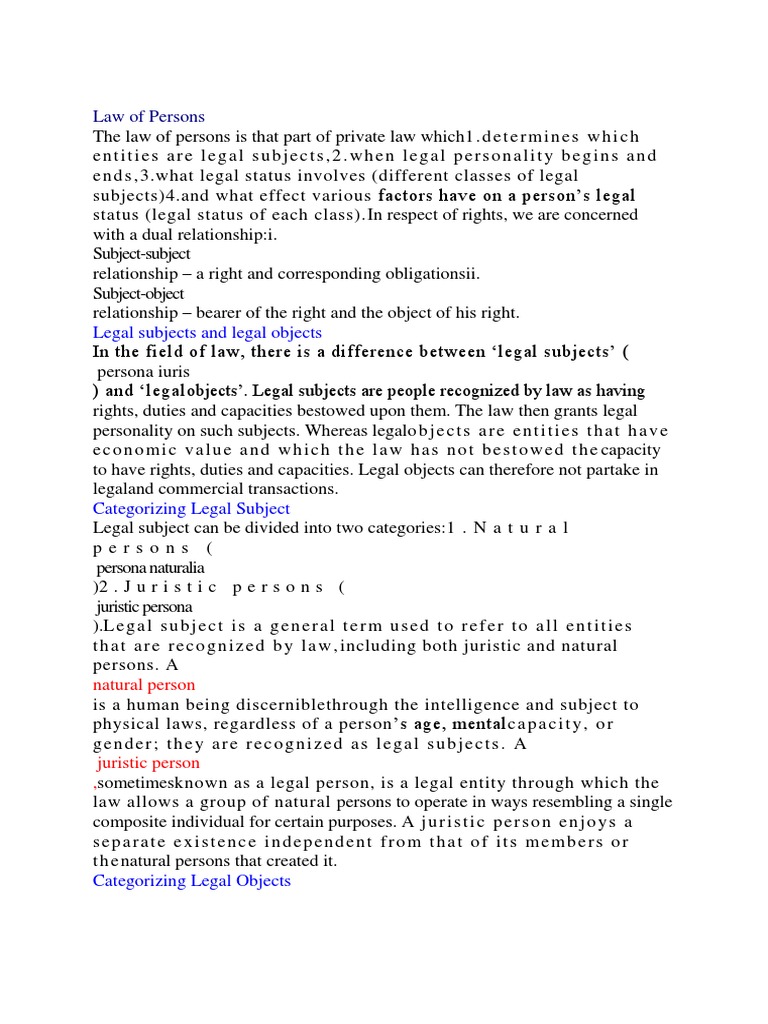 Law of Persons: Legal Subjects and Legal Objects | PDF | Legal Concepts ...