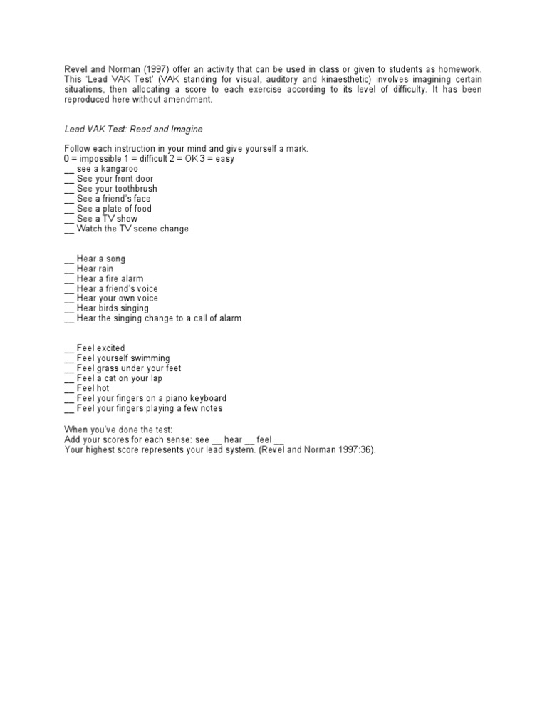 Lead VAK Test for Student Assessment | PDF