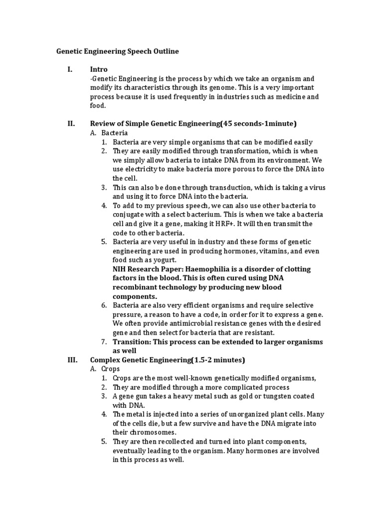 Genetic Engineering Speech Outline | PDF | Genetic Engineering | Genetics